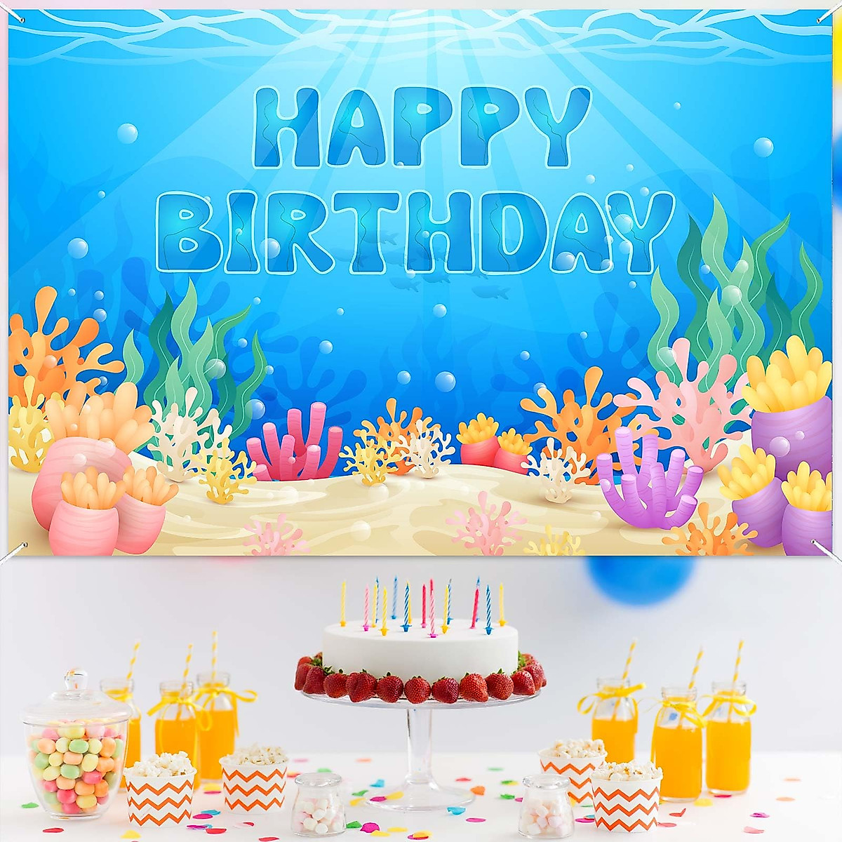 Under The Sea Happy Birthday Banner Backdrop Ocean Animals Under The Sea Theme Decor Decorations for Boys Girls 1st Birthday Party Bday Baby Shower Underwater Blue Party Supplies Photo Booth Props