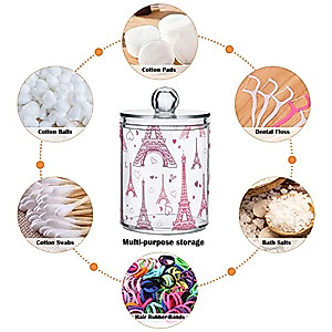 Kigai Romantic Eiffel Tower Clear Plastic Apothecary Jars 2 Pack, 14 oz Qtip Holder Dispenser with Lid for Cotton Ball, Cotton Swab, Floss Picks, Makeup Sponges, Hair Clips