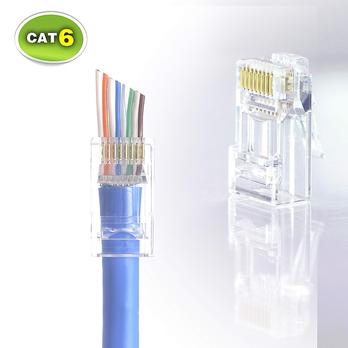 VCE RJ45 Cat6 Pass Through Connectors 100-Pack, UL Listed, Gold Plated Cat6 RJ45 Ends, Ethernet Crimp Network Plugs for Solid or Stranded UTP Cable, Support POE