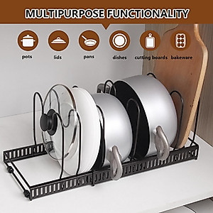 Pots and Pans Organizer, Expandable Pot and Pan Organizer for Cabinet, Pan Organizer with 10 Adjustable Dividers, Anti-Scratch Pan Organizer Rack for Cabinet, Pot Lid Organizer for Pans/Lids, Black