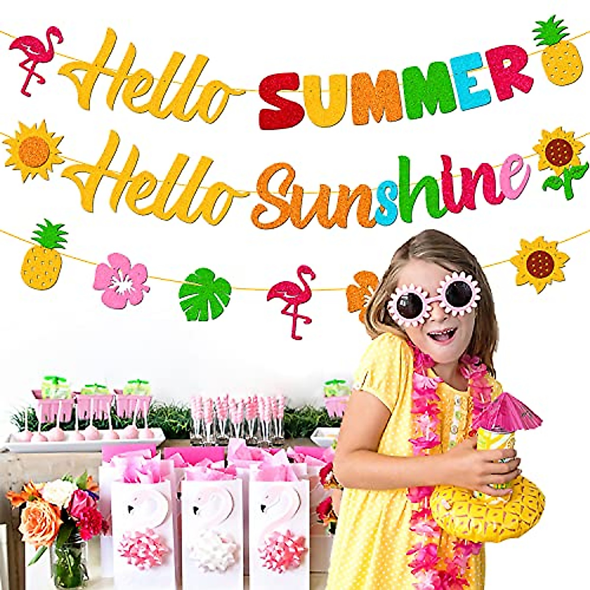 Hello Summer Hello Sunshine Banner for Summer Hawaiian Tropical Flamingo Pineapple Sunflower Beach Theme Holiday Happy Birthday Wedding Bachelorette Engagement Bridal Shower Party Supplies Glitter Decorations