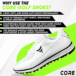 Core Golf Shoes – Water Resistant Golf Shoes for Outdoor Golf Sports and Training - Soft Breathable Lightweight Golf Shoes for Men and Women - Anti-Slip Outsole Cushioning Sneakers White
