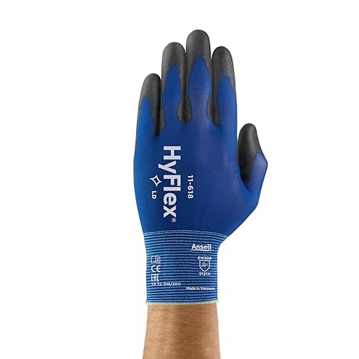 Ansell HyFlex 11-618 Nylon Light Duty Multi-Purpose Glove with Knitwrist, Abrasion/Cut Resistant, Size 8, Blue (Pack of 12 Pair)