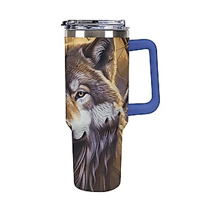 40 Oz Vacuum Tumbler with Deep Blue Handle Leakproof Insulated Tumbler Wolves And Dream Catchers Stainless Steel Travel Mug with Lid And Straw Coffee Cup Cute Water Bottles Cup Holder Friendly