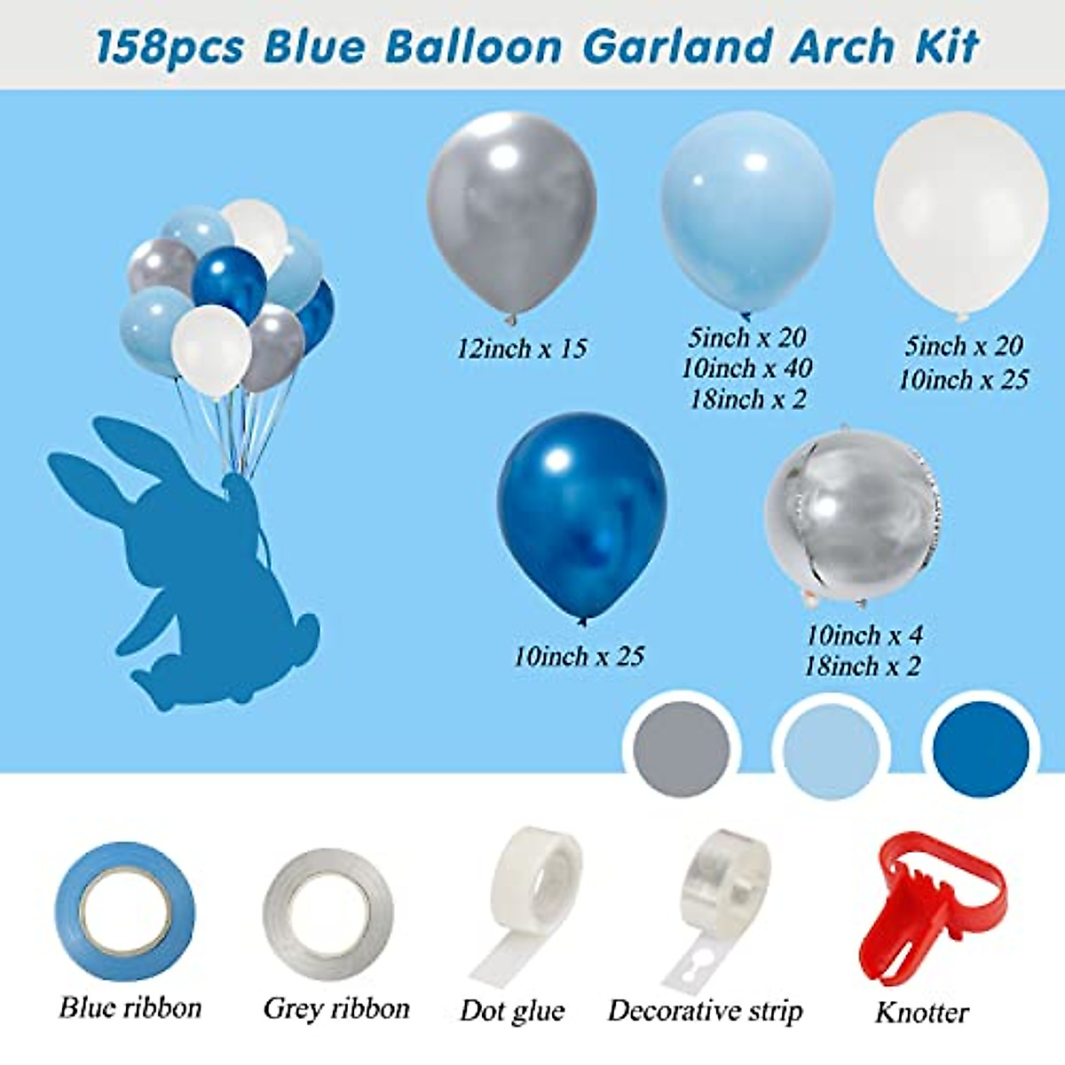 RUBFAC 147pcs Blue Balloon Garland Arch Kit Metallic Pastel Blue White Latex Balloons and 4D Silver Balloons Set for Baby Shower Wedding Birthday Party Background Decorations