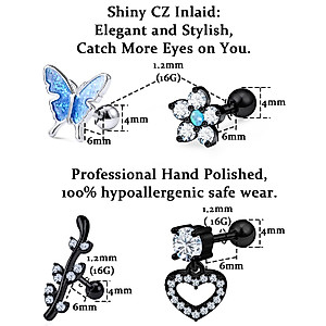 Kadogohno Black Cartilage Mid Helix Tragus Conch Earrings Piercing Jewelry 16g 16 Gauge Hypoallergenic Surgical Stainless Steel for Women