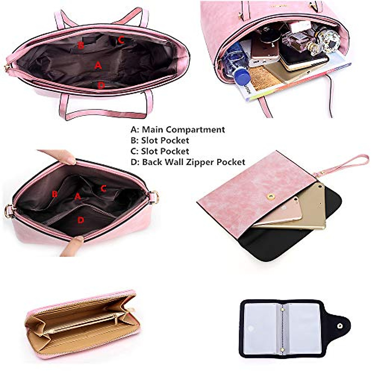 Handbag Set for Women 5 Pack Tote Purse Handbags Set PU Leather Satchel Shoulder Crossbody Wallet Card Holder Bag Set, Pink