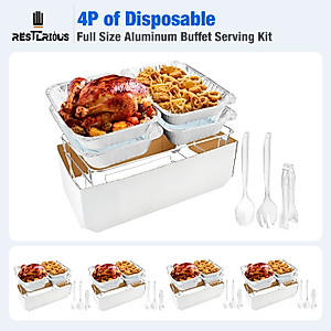 Restlrious Chafing Dish Buffet Set Disposable 4 Pack Full Size Aluminum Buffet Serving Kit, Chafer Stand Kit for Food Warmer in 36 Pieces w/Food Pan Water Pan & Utensils, for Parties Events BBQ