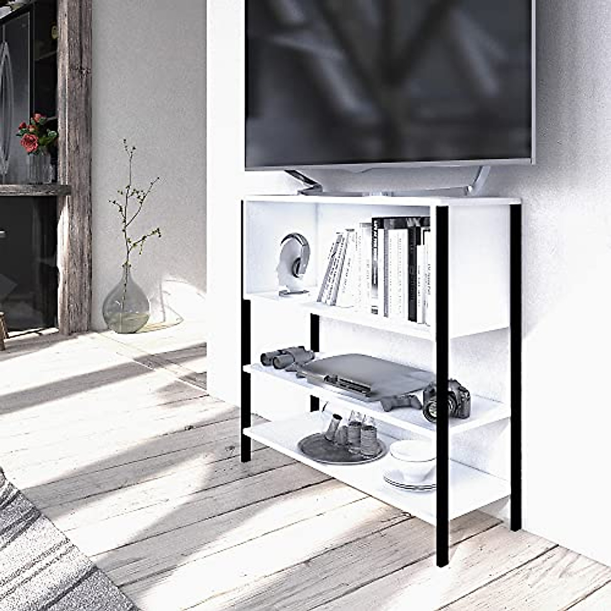 PLAYCON Decorative Open Shelf Unit and Display Cabinet, for Living Room, Study Room or Else, 32(11/16)" Wide, Innovative Textured PVC White Wood Veneer Looking Finishing