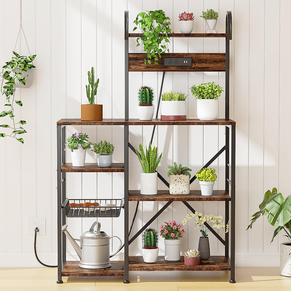 JAMFLY Bakers Rack with Power Outlet, Microwave Stand, kitchen Storage Shelf with 6 Hooks, Coffee Bar Station with Wire Basket, 6 Tier Kitchen Rack for Living Room, Spice, Pots and Pans Organizer