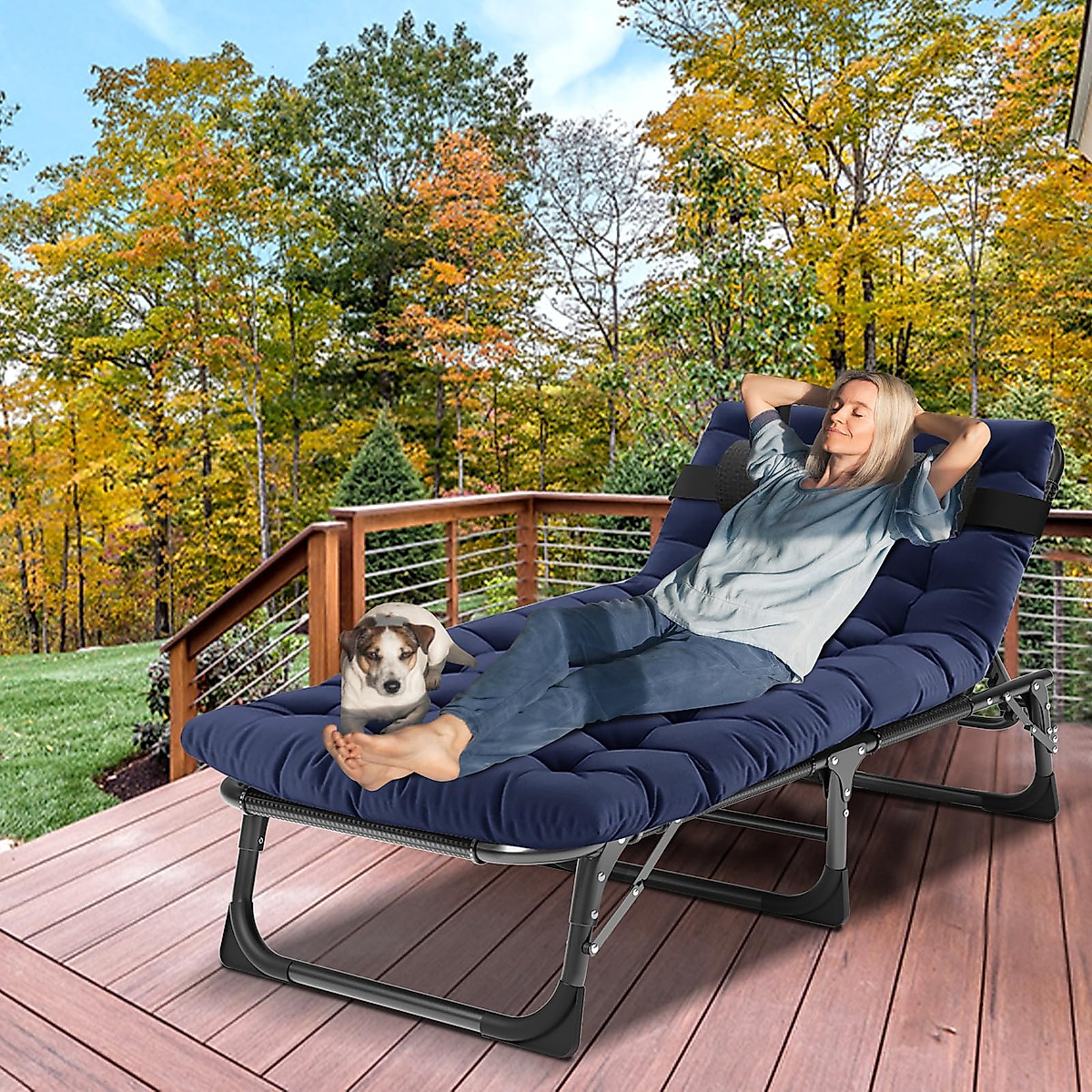 LILYPELLE Portable Folding Camping Cot, Adjustable 4-Position Adults Reclining Folding Chaise with Pillow, Outdoor Portable Folding Lounge Chair Sleeping Cots Bed for Camping, Pool, Beach, Patio