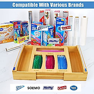 Expandable Ziplock Bag Storage Organizer - 8 IN 1 Foil and Plastic Wrap Dispenser with Cutter, Kitchen Drawer Organizer for Gallon, Quart, Sandwich & Snack Bag, 12.9" Aluminum Foil, etc