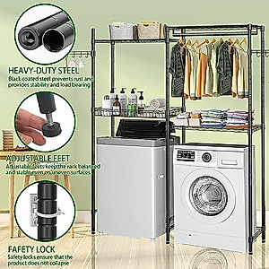 YEPOTUE Clothes Drying Rack, 4 Tiers Laundry Room Organization and Storage with Adjustable Shelves, Heavy-Duty Over Washer and Dryer Shelves Space Saver Closet Rack Towel Storage Black