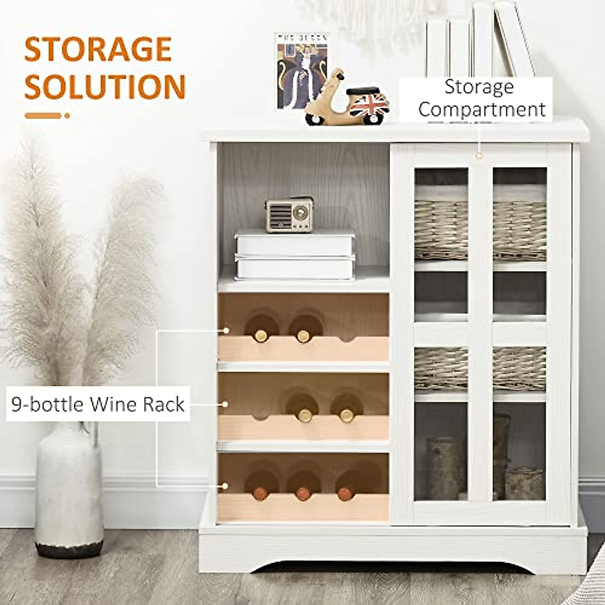HOMCOM Coffee Bar Cabinet, 36" Sideboard Buffet Cabinet with Sliding Door, Wine Cabinet with Storage, White