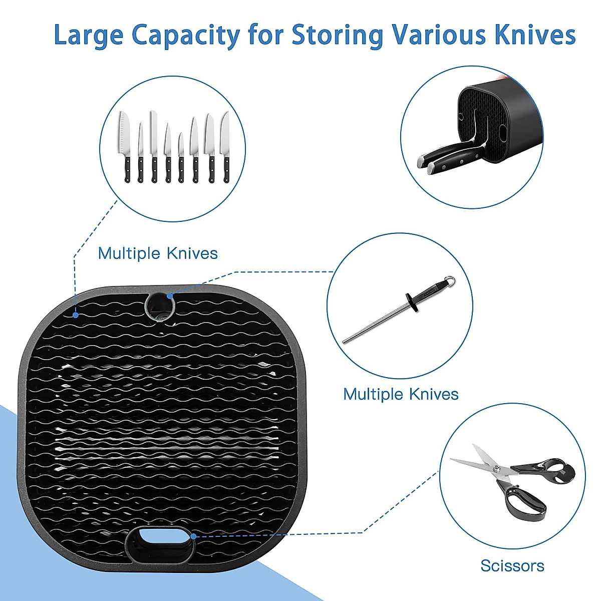 Universal Knife Block, Safe Knife Holder Storage with Slots for Scissors and Sharpening Rod, Detachable for Easy Cleaning, Space Saver Knife Organizer, Unique Slot Design to Protect Blade (Black)