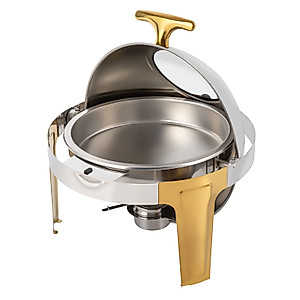 Roll Top Chafing Dish Buffet Set,Round Chafing Dish Buffet Set, Stainless Steel Buffet Warmer Chafers and Buffet Warmers Sets with Lid for Entertaining & Catering (6 L/6.3qt Gold)