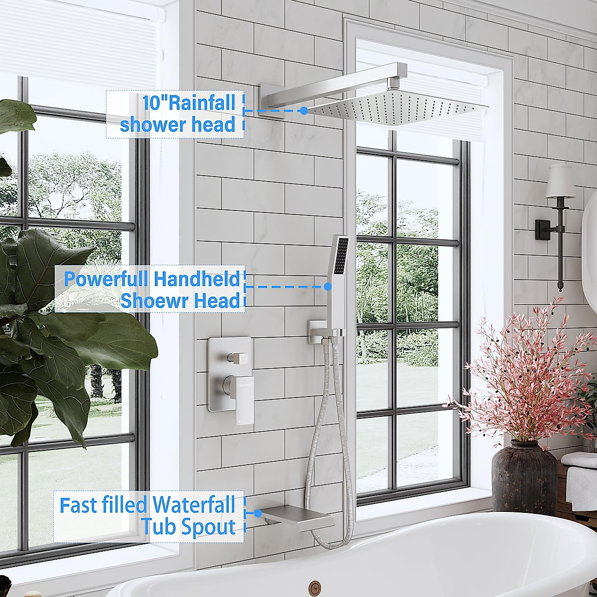 HomGoo Shower System with Tub Spout, Wall Mounted Tub Shower Faucet Set for Bathroom with High Pressure 10'' Rain Shower Head and Handheld Shower head Set, Brushed Nickel