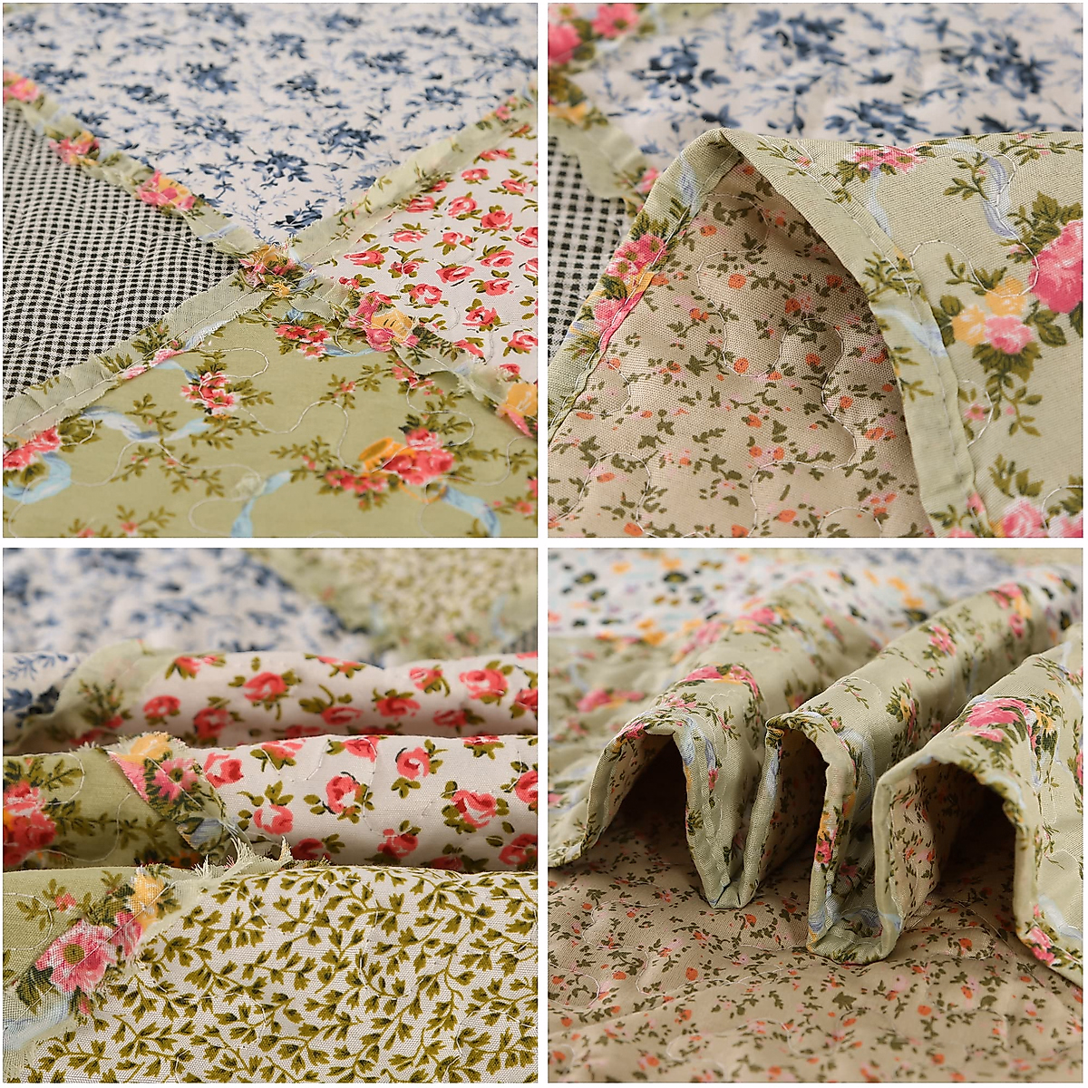 King Size Patchwork Quilt Set Green Floral Reversible Quilted Bedspread Coverlet Set 3-Piece Comforter Lightweight Stitched Quilt Bedding Set Bed Cover Blanket with 2 Pillow Shams for All Seasons