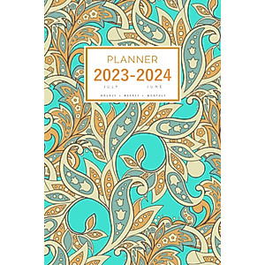 Planner July 2023-2024 June: 6x9 Medium Notebook Organizer with Hourly Time Slots | Creative Ethnic Flower Design Turquoise