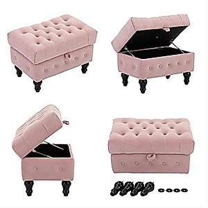 Artechworks Storage Coffee Table Ottoman, Button Tufted Velvet Upholstery Footstool Bed Ottoman for Living Room, Home Office, Space-Saving Storage Toy Box Stool, Pink