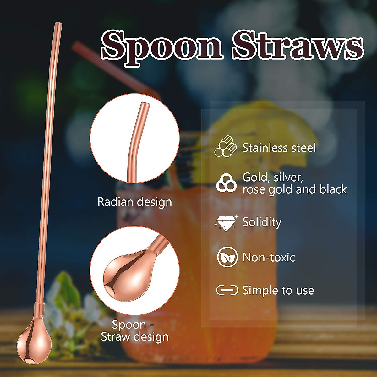 4 Pieces Spoon Straws Stainless Steel Drinking Spoon Straws Reusable Metal Cocktail Spoons Straws with Long Cleaning Brush