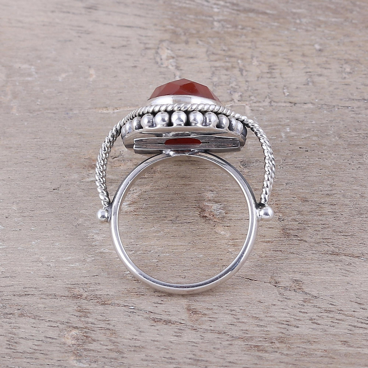 NOVICA Artisan Handmade Carnelian Cocktail Ring Artisan Crafted Sterling Silver Jewelry Red Single Stone India Marsala Birthstone [crownbezel 0.8 in L x 0.7 in W x 0.3 in H Band Width 2 mm W] ' Sun