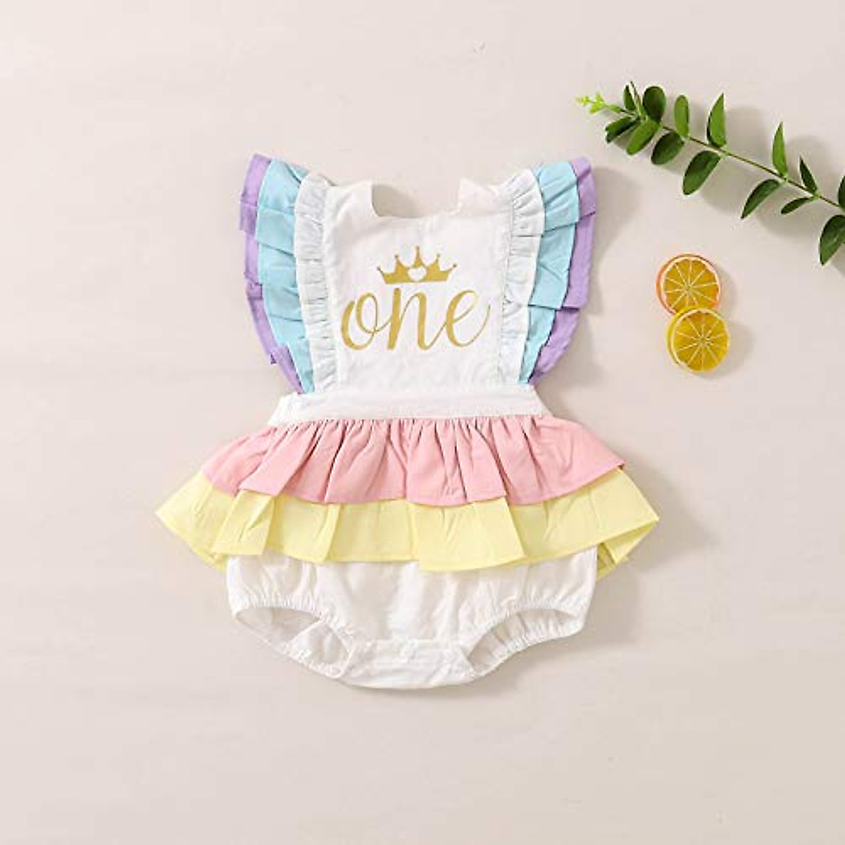 Newborn Infant Baby Girl One 1st Birthday Ruffle Sleeveless Romper Tutu Dress Jumpsuit Bodysuit Cake Smash Outfits (White-Crown, 6-12 Months)