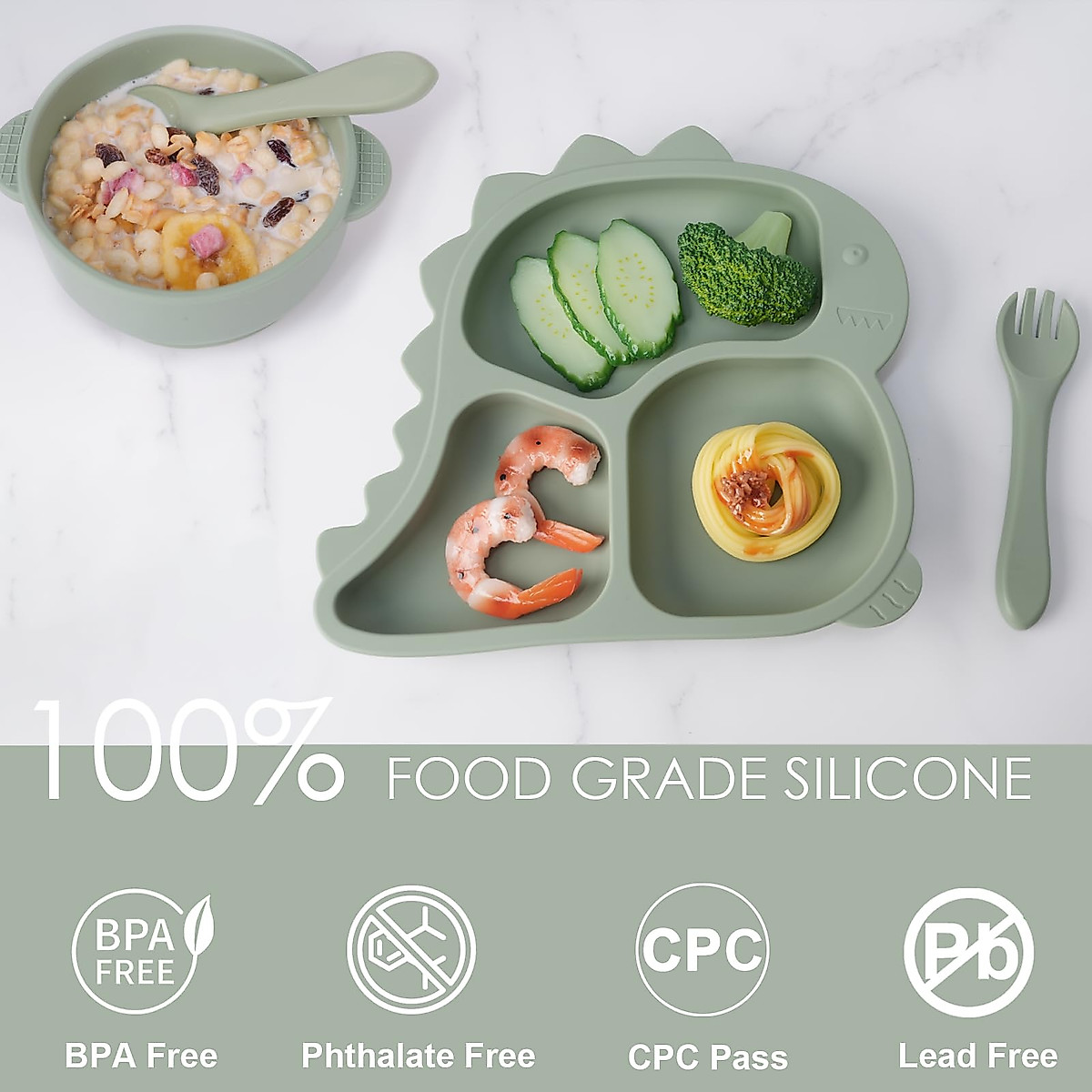 FOMOMDI Silicone Baby Weaning Set, 10PCS Baby Feeding Set - Toddler Utensils, Baby Led Weaning Supplies with Dinosaur Plate, Bib, Cup, Suction Bowl, Forks, Spoons, Fruit Feeder, Clean Brush