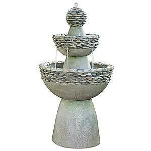 Teamson Home 36.5 in. Outdoor 3-Tier Zen-Style Pedestal Water Fountain in. with Stone Trim with Pump and 2.64 Gallon Capacity, Stone Gray