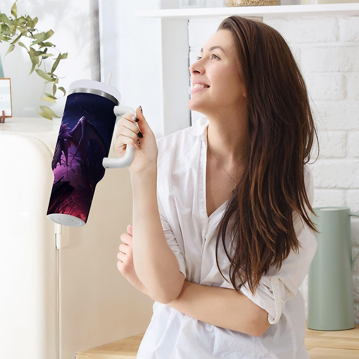 ALAZA Dragon at Night 40 oz Tumbler Stainless Steel Water Bottle Vacuum Insulated Cup with Straw Lid & Handle For Travel Car Cup Holder