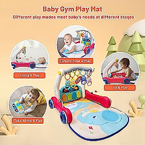 Baby Gym Play Mat & Baby Walker, Baby Activity Center with Music and Light, Tummy Time Mat, Push Toys for Toddler, Detachable Play Piano and Rattles for Newborn Babies Infants Boys Girls