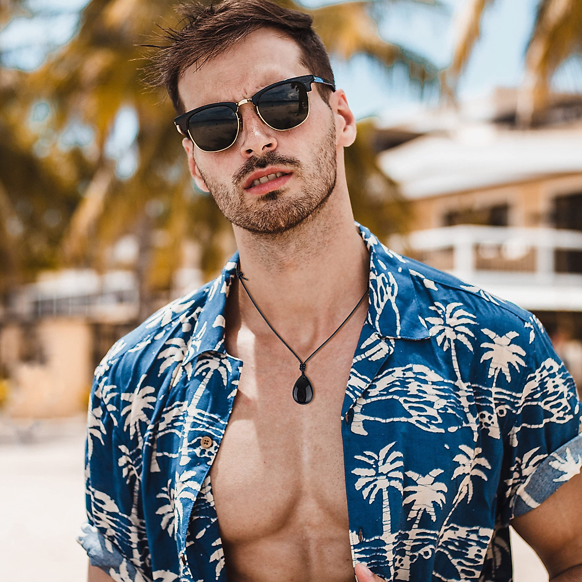 COAI Adjustable Leather Cord Teardrop Black Obsidian Necklace