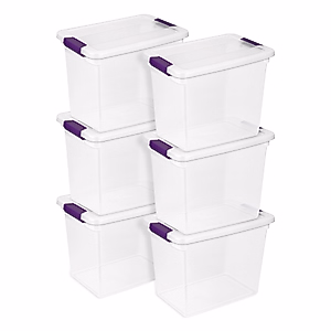 Sterilite 17631706 27 Quart/26 Liter ClearView Latch Box, Clear with Sweet Plum Latches, 6-Pack