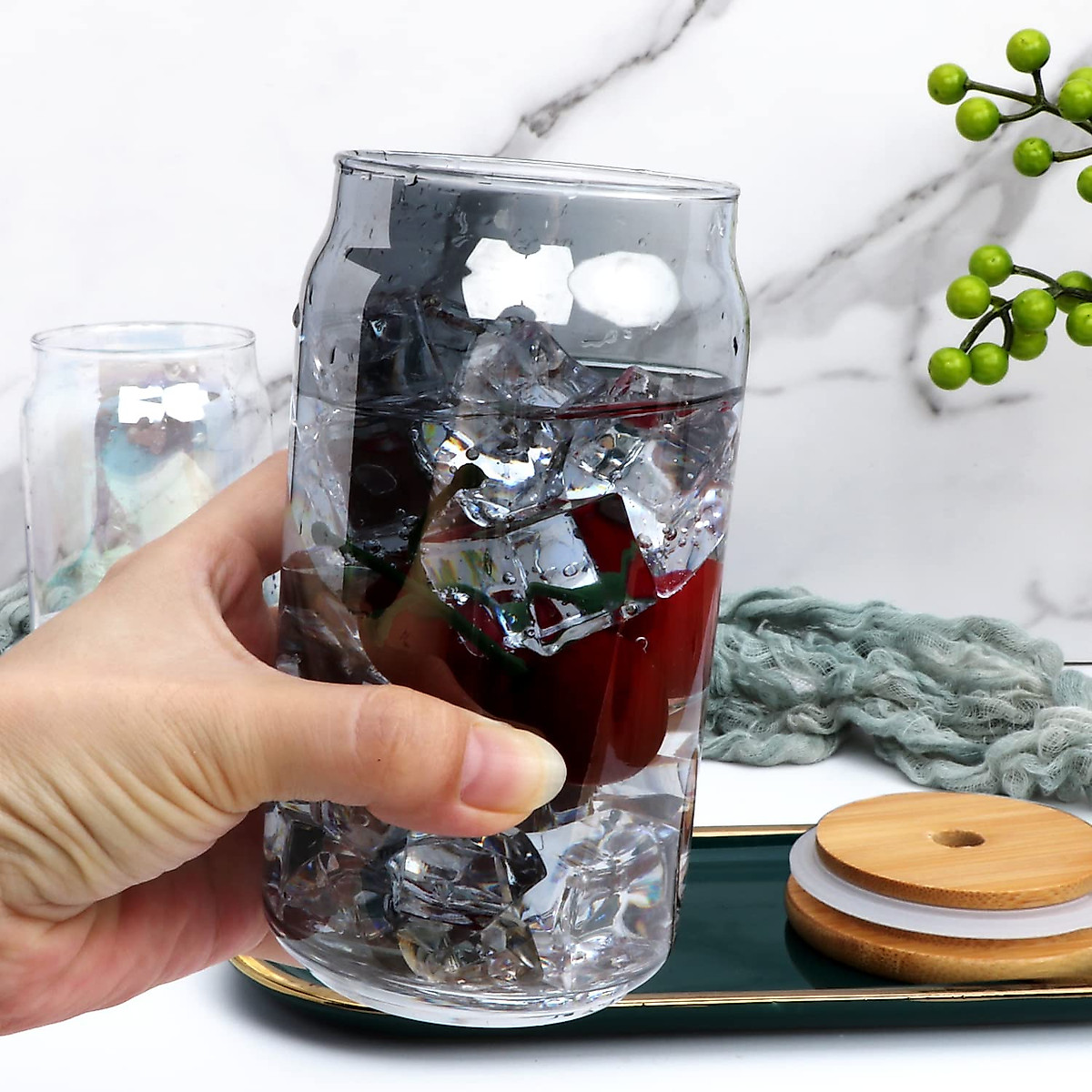 Ufrount Glass Cups Set of 6,16 OZ Drinking Glasses with Lids and Straws,Gray Glass Coffee Cups,Cute Iced Coffee Glasses for Cocktail,Whiskey,Juice