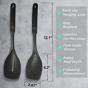 2 Pack Large Silicone Cooking Spoon, Non-Stick Slotted and Solid Spoon set with Deep Bolw and Measurement Mark for Mixing, Serving, Draining, Scooping, Scraping, Heat Resistant Kitchen Utensils, Black