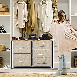 Pipishell Fabric Dresser with 5 Drawers, Wide Dresser Storage Tower, Organizer Unit with Wood Top and Easy Pull Handle for Closets, Living Room, Nursery Room, Hallway