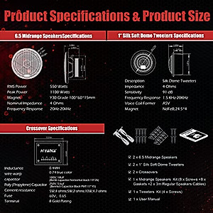H YANKA HCP-65 6.5 Component Car Speakers, 800 Watt Car Audio Stereo Door Speakers Perfect for Upgrading Any Car Stereo System includes 2 x Midrange Woofers, Tweeters, and Crossovers (Set)