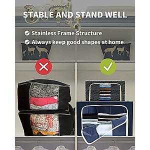 VINMEN Oxford Cloth Steel Frame Storage Box, 2 Pack 66L Foldable Storage Bag Organizers with Clear Window, Reinforced Handle for Navy Blue