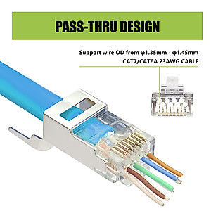 LEENUE CAT7 RJ45 Connector (10 Set) 50μ Gold Plated CAT6A RJ45 Pass Through Ethernet Plug with Blue Boot for CAT7 Solid or Stranded Thick Network Cable 23 AWG