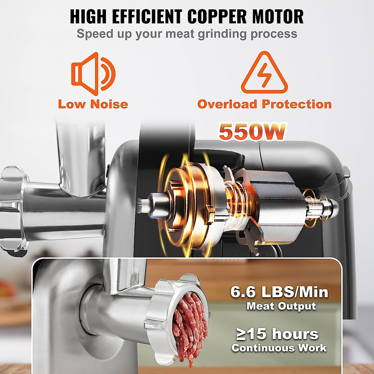 VEVOR Electric Meat Grinder, 6.6 Lb/Min, 550W Industrial Meat Mincer with 2 Blade, 3 Grinding Plates, Sausage Maker & Kubbe Kit ABS + Stainless Steel Commercial Meat Grinder, ETL Listed