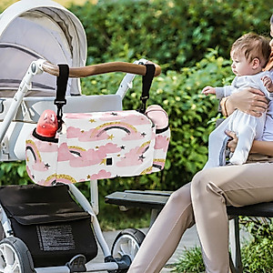 Sinestour Rainbows Clouds Star Stroller Organizer with Cup Holder Universal Stroller Organizer Bag Detachable Shoulder Strap Stroller Accessories for Diaper Keys Phone Toys Fit All Baby Stroller