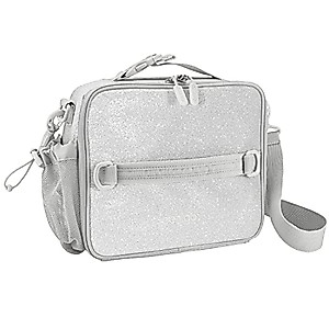 Bentgo® Kids Lunch Bag - Glitter Design for Children Ages 3+, Durable, Double Insulated, Water-Resistant Fabric, Interior & Exterior Zippered Pockets, Water Bottle Holder - (Glitter Edition - Silver)