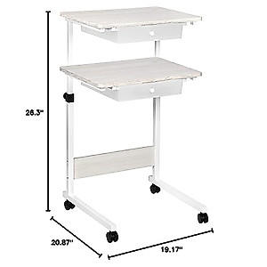 East Bank Designs Adjustable Height Rolling Table, White with Wood Grain Laminate Top