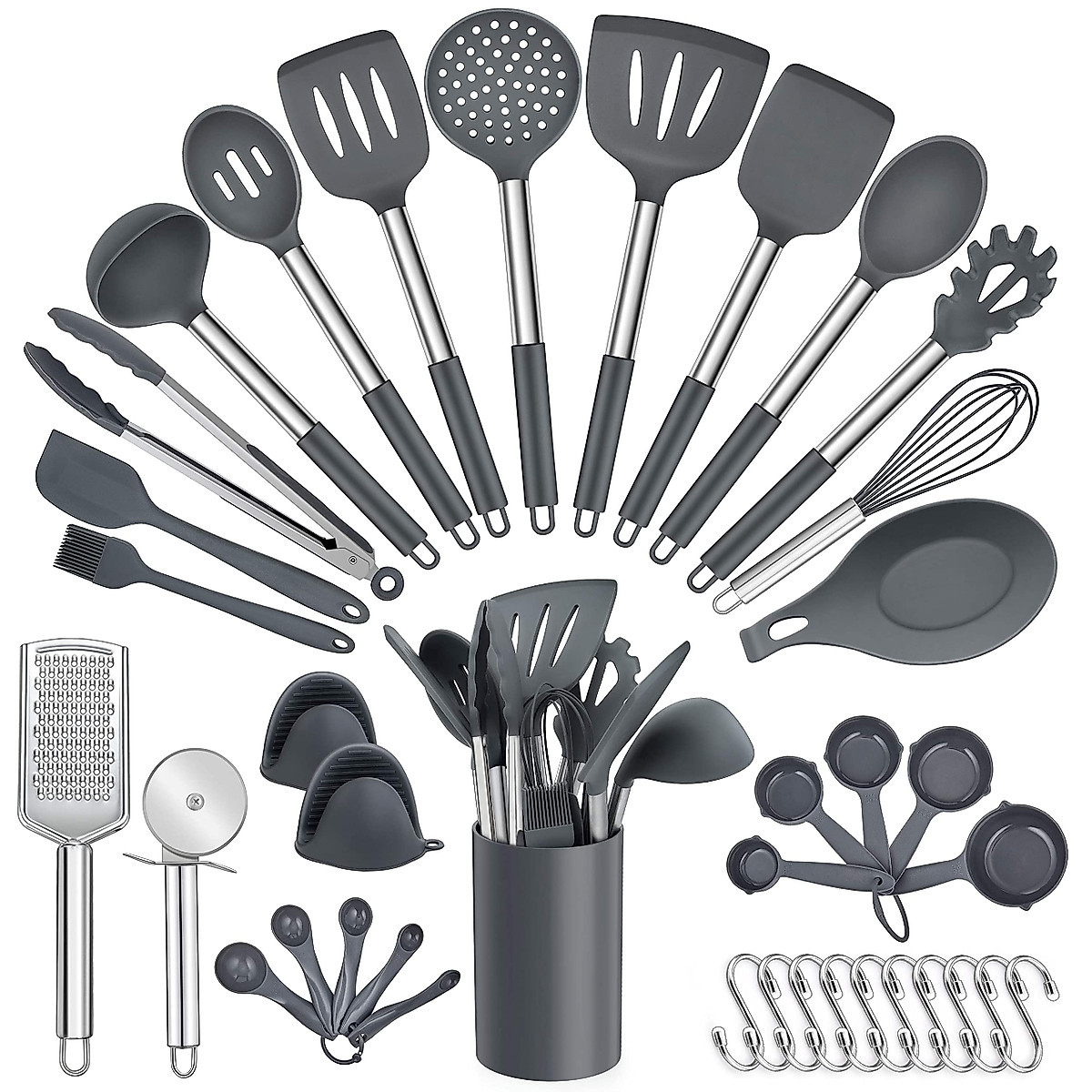 Homikit 38 Pieces Kitchen Cooking Utensils Set with Holder, Gray Silicone Utensil with Stainless Steel Handle, Nonstick Kitchen Tools with Spatula Ladle Pizza Cutter Grater Spoon Rest, Heat Resistant