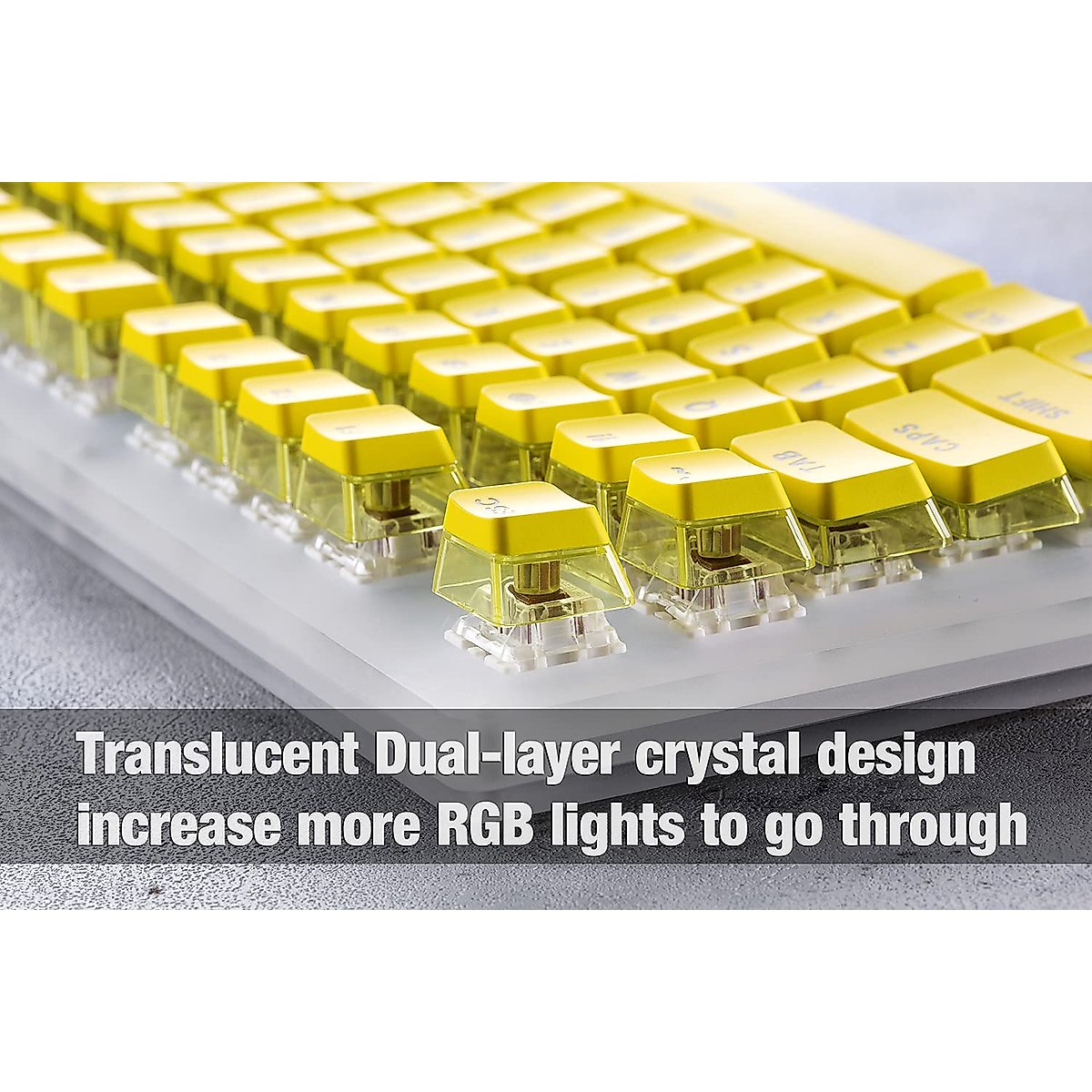 GUNMJO Crystal Pudding Keycap for Gaming Keyboard with Cherry MX Switches, ABS Translucent Keycaps for Backlit Mechanical Keyboard, OEM Profile 104 Keys with 6.25U Space Bar, Painted Yellow Color