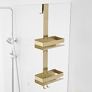 Beelee Over Door Shower Organizer：2 Tier Shower Caddy Hanging Brushed Gold Bathroom Organizer Shelf