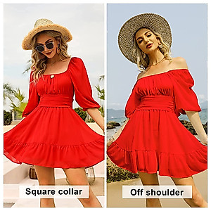 EXLURA Women's Casual Lantern Sleeve Tie Back Dress Ruffle Square Neck A-Line Fairy Fall Dresses Red
