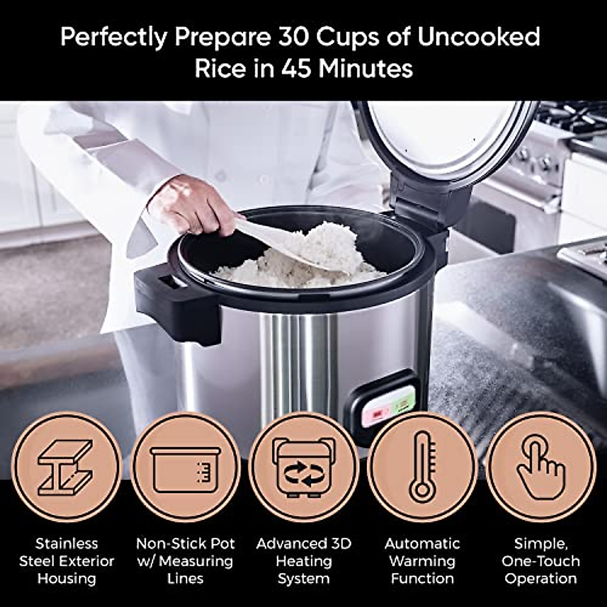 Commercial Stainless Steel Rice Cooker - Professional 60 Cup Cooked (30 Cup Uncooked) Rice Maker Cooker With Non Stick Pot & Hinged Lid - Includes a Rice Measuring Cup & Rice Scoop