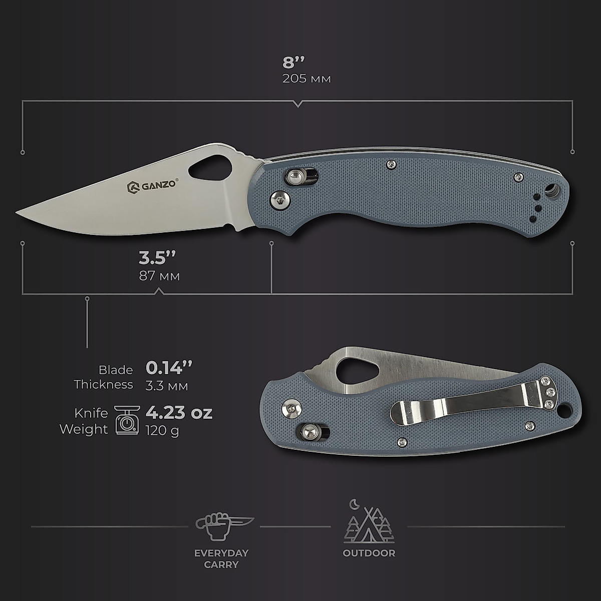 Ganzo G729-GY Folding Pocket Knife 440C Stainless Steel Blade G10 Anti-Slip Handle with Clip Hunting Fishing Camping Folder Outdoor Utility Folding Knife EDC Knife (Grey)