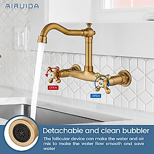 Airuida Antique Brass Wall Mount Commercial Sink Faucet Wall Mounted Kitchen Faucet 360 Rotatable Spout 2 Hole Double Cross Handles 8 Inch Center Tap for Utility Laundry Restaurant Sink
